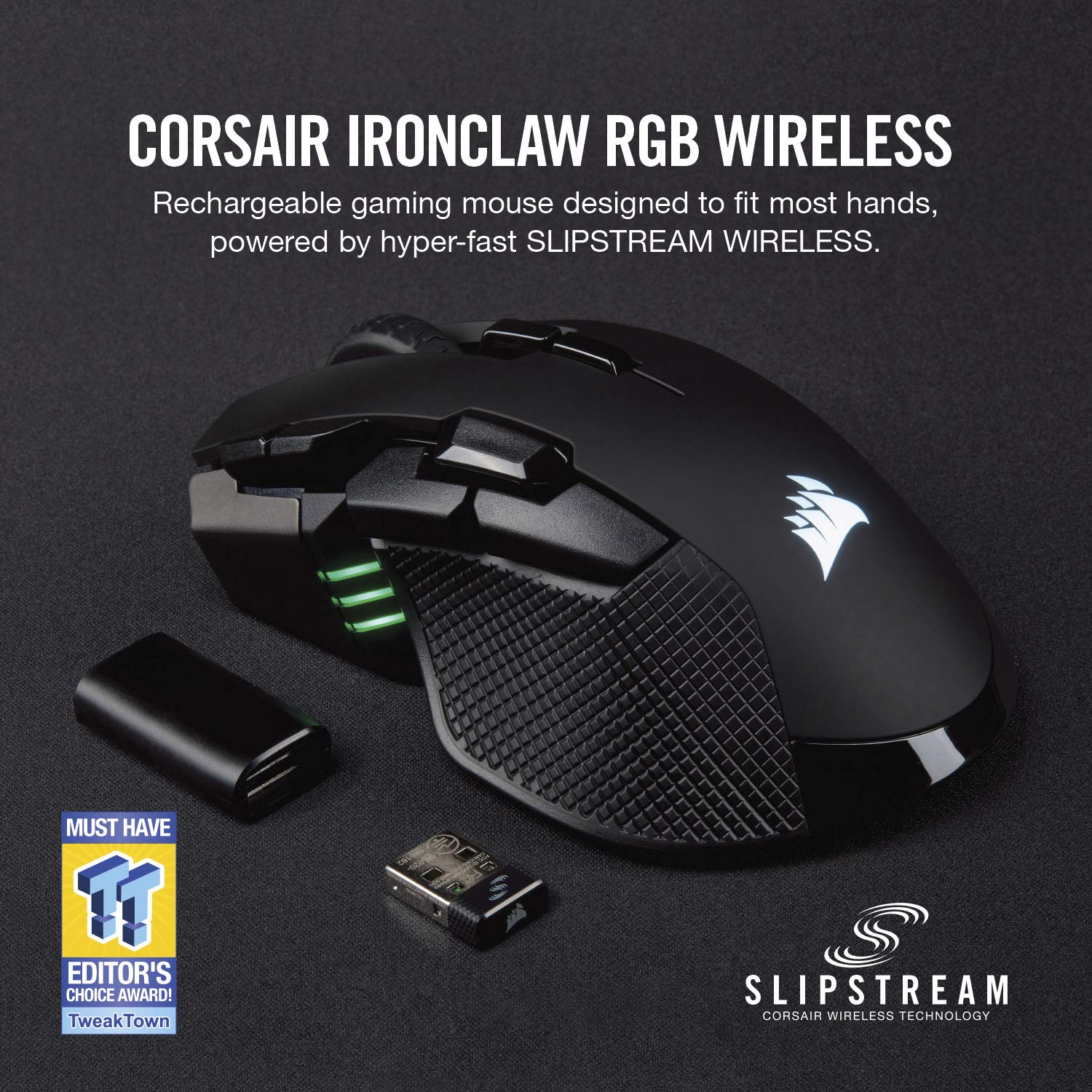 CORSAIR IRONCLAW Wireless RGB - FPS and MOBA Gaming Mouse - 18,000 DPI Optical Sensor - Sub-1 ms Slipstream Wireless (Renewed)