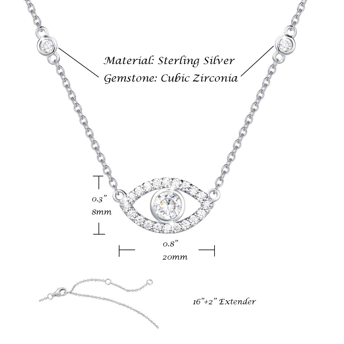 FANCIME Sterling Silver Evil Eye Necklace Cubic Zirconia Pendant Necklace Yom Kippur Lucky Fine Jewelry for Women 16 + 2 inch Extender