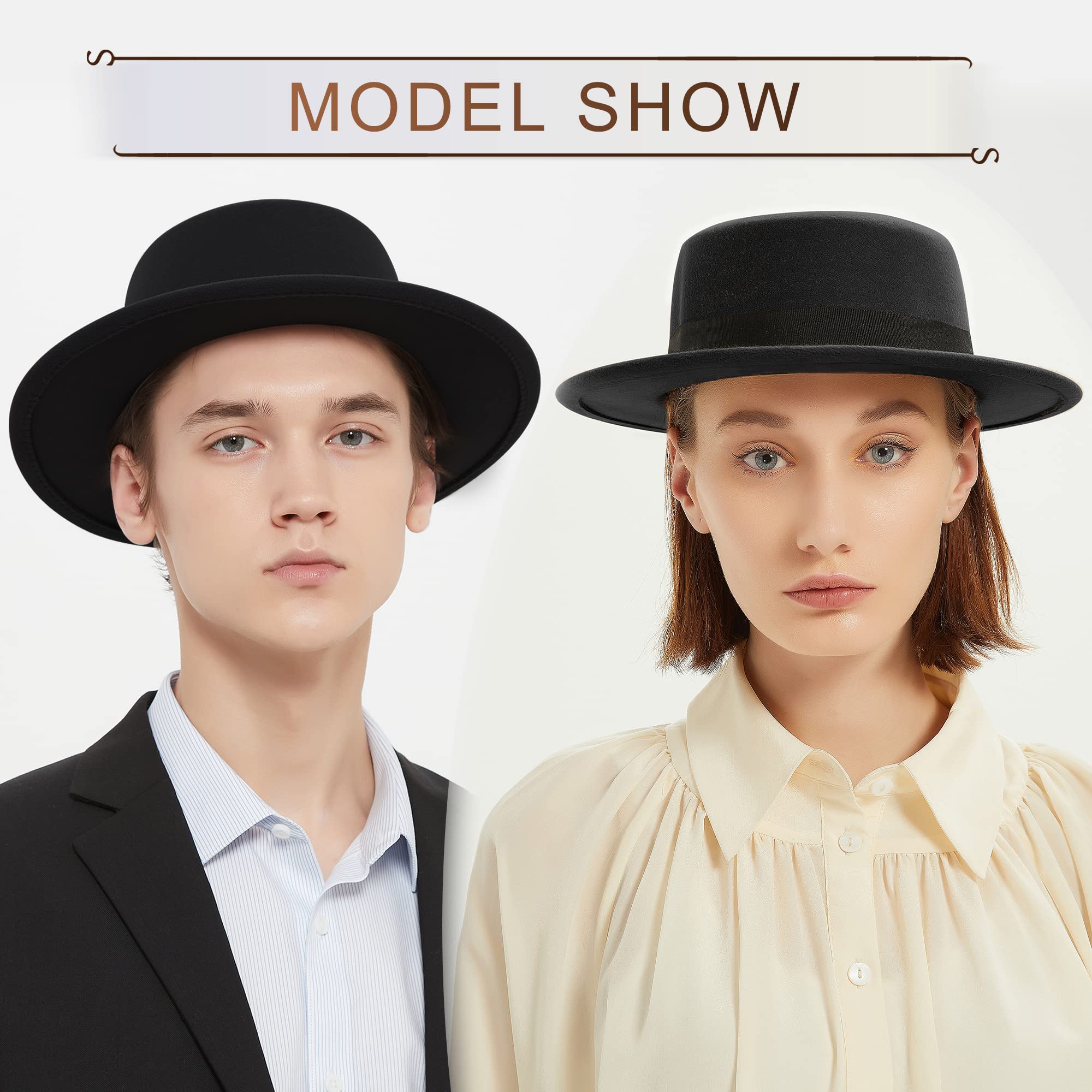 Classic Fedora Hat Flat Top Hat Felt Pork Pie Hat Wide Brim Church Derby Cap for Women and Men Black