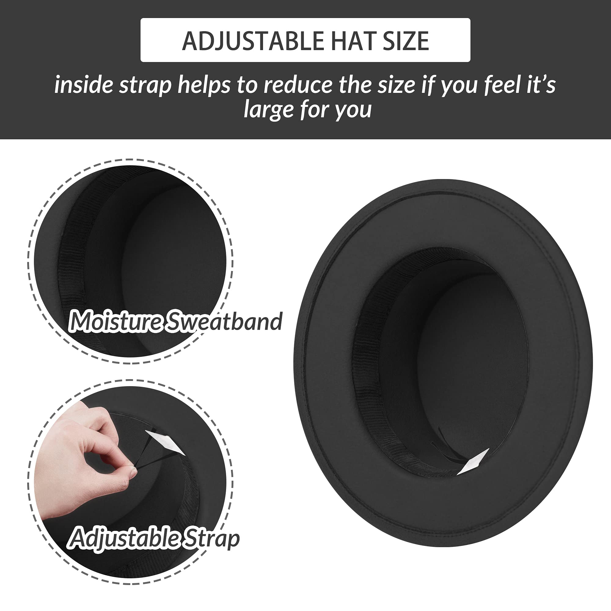 Classic Fedora Hat Flat Top Hat Felt Pork Pie Hat Wide Brim Church Derby Cap for Women and Men Black