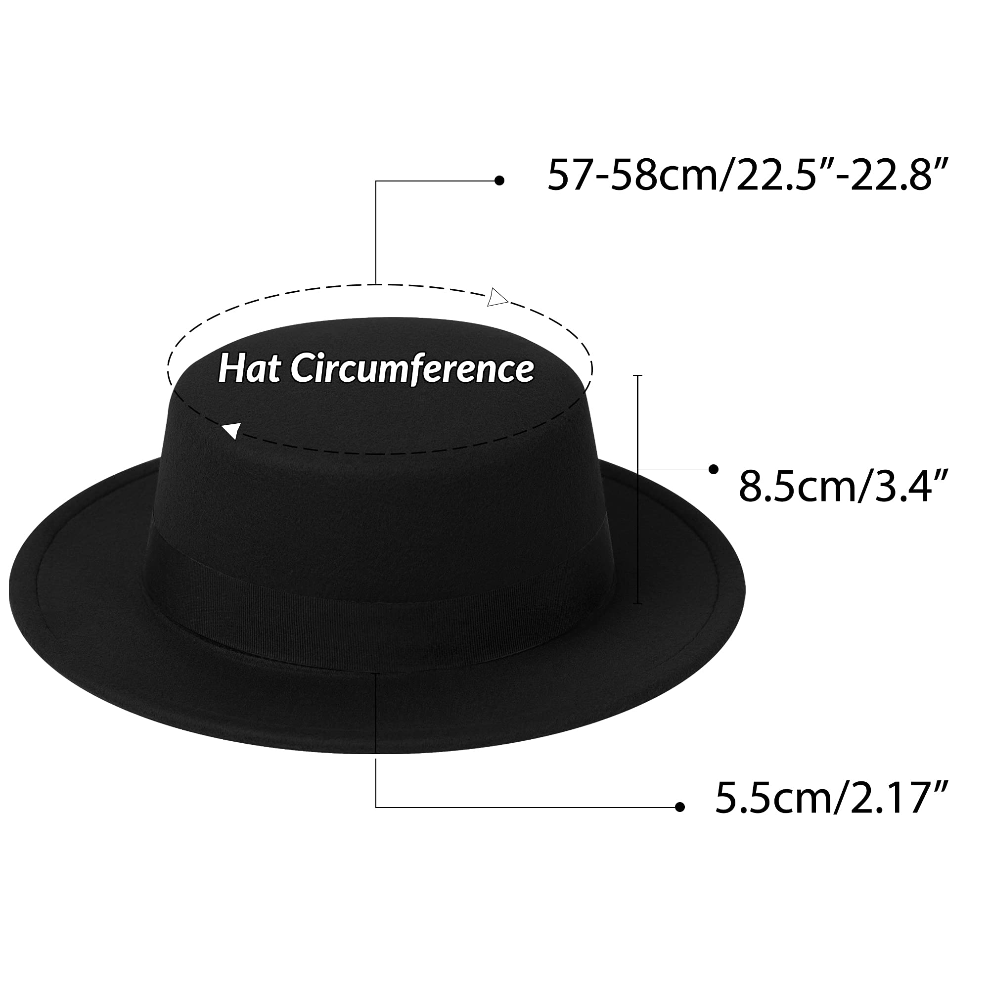 Classic Fedora Hat Flat Top Hat Felt Pork Pie Hat Wide Brim Church Derby Cap for Women and Men Black