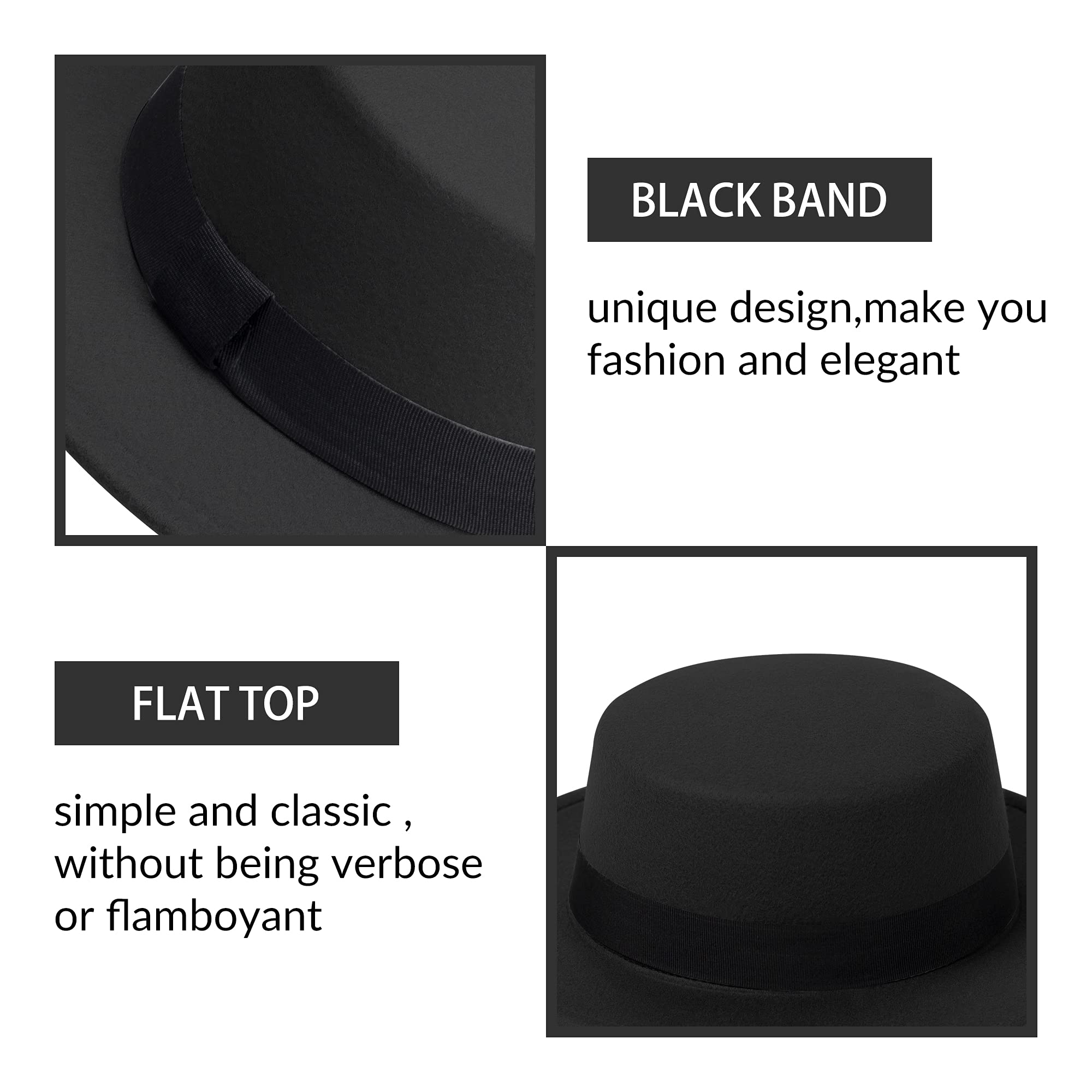 Classic Fedora Hat Flat Top Hat Felt Pork Pie Hat Wide Brim Church Derby Cap for Women and Men Black