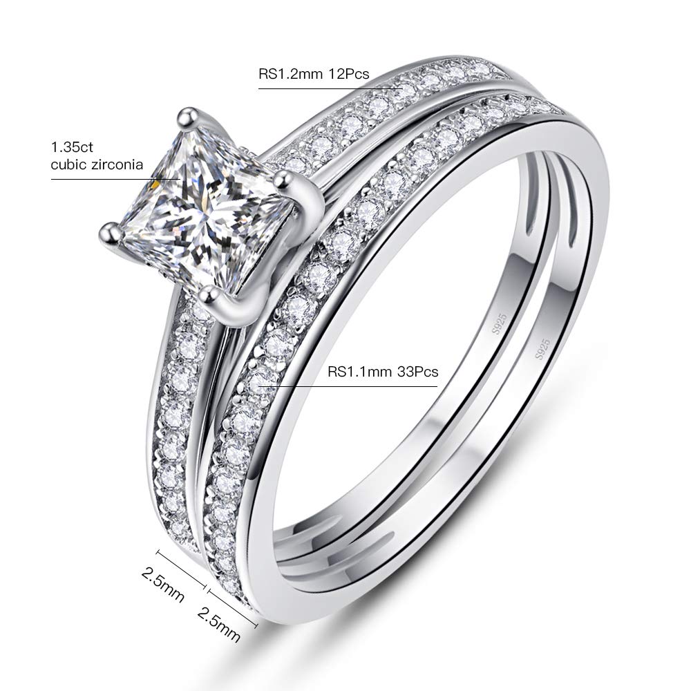 AVECON 1.35ct Princess Cut Engagement Ring 925 Sterling Silver Wedding Ring Set for Women Princess Cut Cubic Zirconia Bridal Ring Sets Valentine's Day Gift Size 7