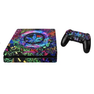 eXtremeRate Full Set Faceplate Skin Decals Stickers and 2 Led Lightbar for ps4 Slim Console & 2 Controller Decal Covers - Psychedelic Cannabis