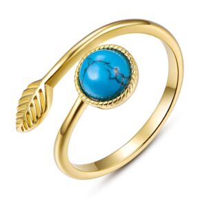 avecon 14k gold plated turquoise feather ring 925 sterling silver adjustable open tree leaf bands ring for women