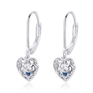 dangle drop heart hoop earrings 925 sterling silver dainty hollow out bule crystal stud leverback earring best friend cute jewelry for women