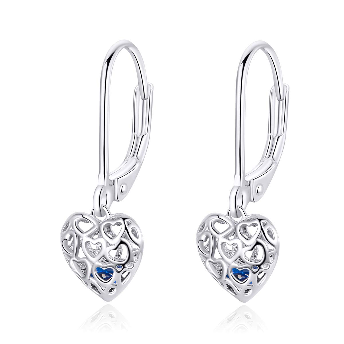 Dangle Drop Heart Hoop Earrings 925 Sterling Silver Dainty Hollow Out Bule Crystal Stud Leverback Earring Best Friend Cute Jewelry for Women