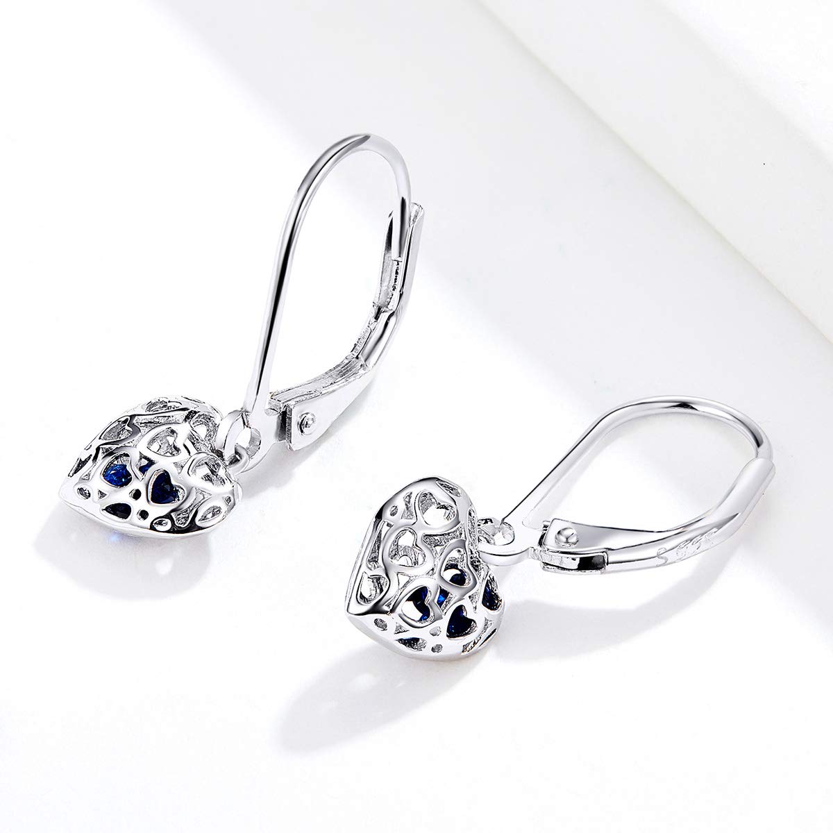 Dangle Drop Heart Hoop Earrings 925 Sterling Silver Dainty Hollow Out Bule Crystal Stud Leverback Earring Best Friend Cute Jewelry for Women