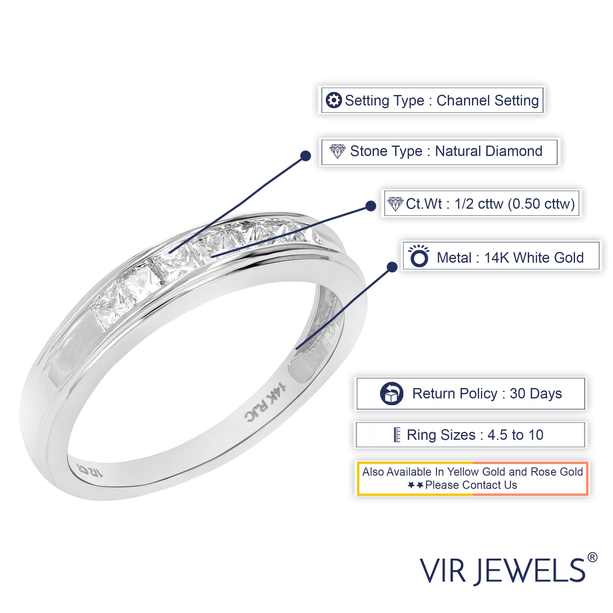 VIR JEWELS 1/2 carat (ctw) Diamond Wedding Anniversary Band for Women, Half Eternity Princess Cut Square Diamond Engagement Ring 14K White Gold 7 Stones Channel Set 0.50 cttw, Size 8.5