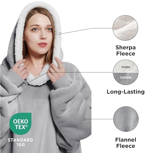 Bedsure Wearable Blanket Hoodie with Sleeves - Sherpa Hooded Blanket Adult as Gifts for Mom Women Girlfriend, Winter Sweatshirt Blanket Standard Grey