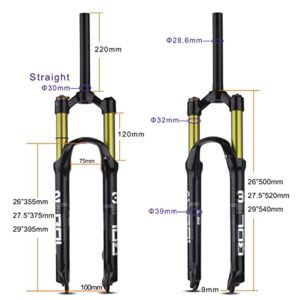 BOLANY Bike Suspension Fork MTB Bicycle Magnesium Alloy Suspension Front Fork 26/27.5/29 inch, 120mm Straight Steerer and Tapered Steerer Air Fork (26, Straight-Manual)