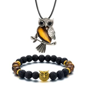 softones owl necklace healing crystals necklace for women men reiki spiritual energy gemstone necklace lava owl bracelet set gifts for women with gift box