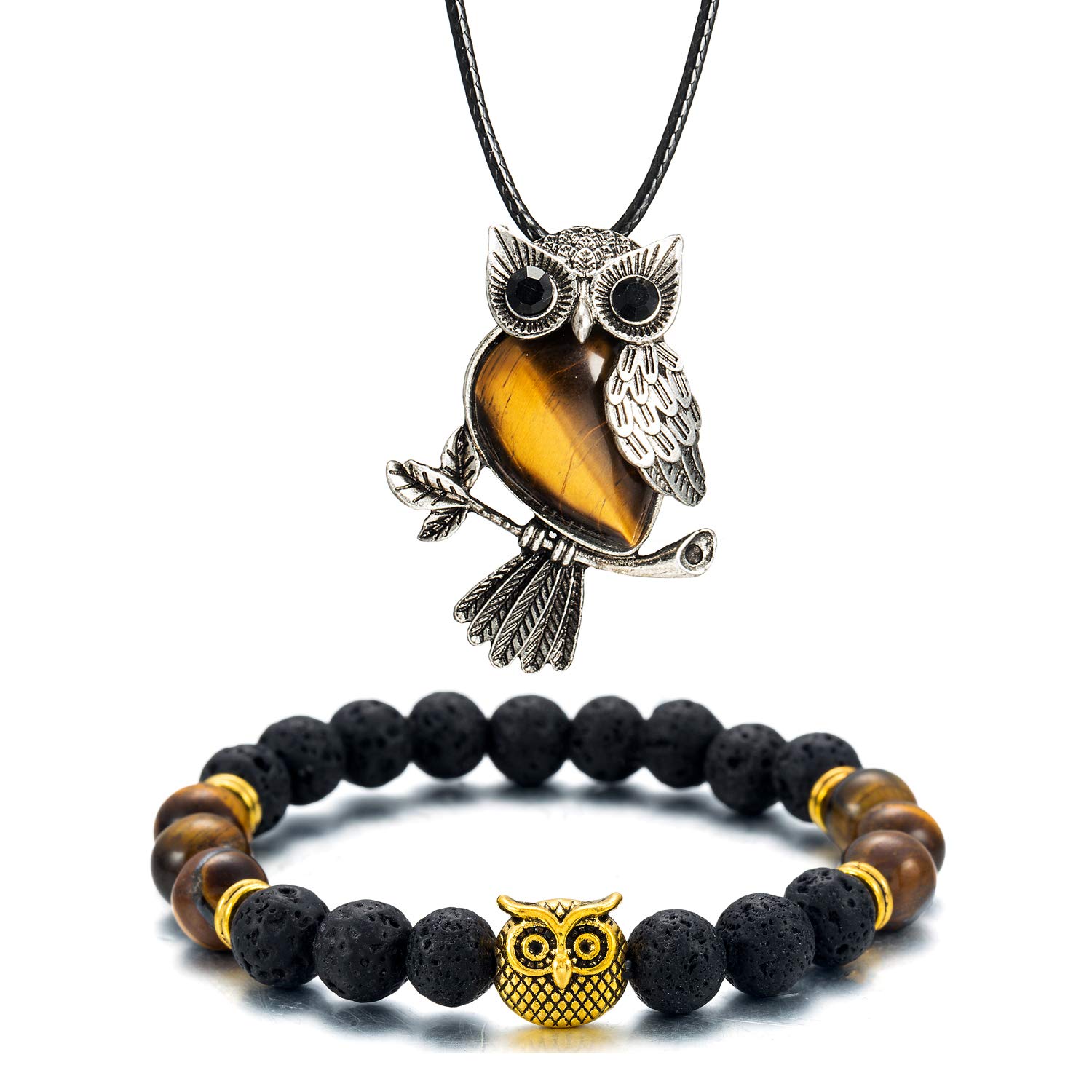 Softones Owl Necklace Healing Crystals Necklace for Women Men Reiki Spiritual Energy Gemstone Necklace Lava Owl Bracelet Set Gifts for Women with Gift Box