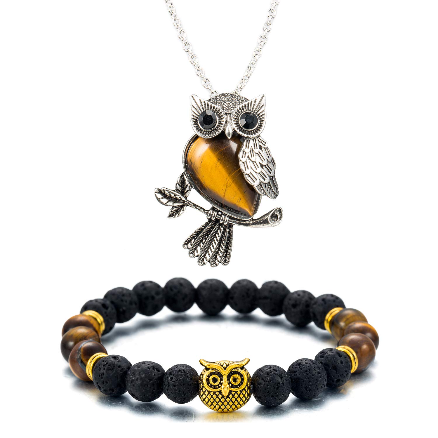 Softones Owl Necklace Healing Crystals Necklace for Women Men Reiki Spiritual Energy Gemstone Necklace Lava Owl Bracelet Set Gifts for Women with Gift Box