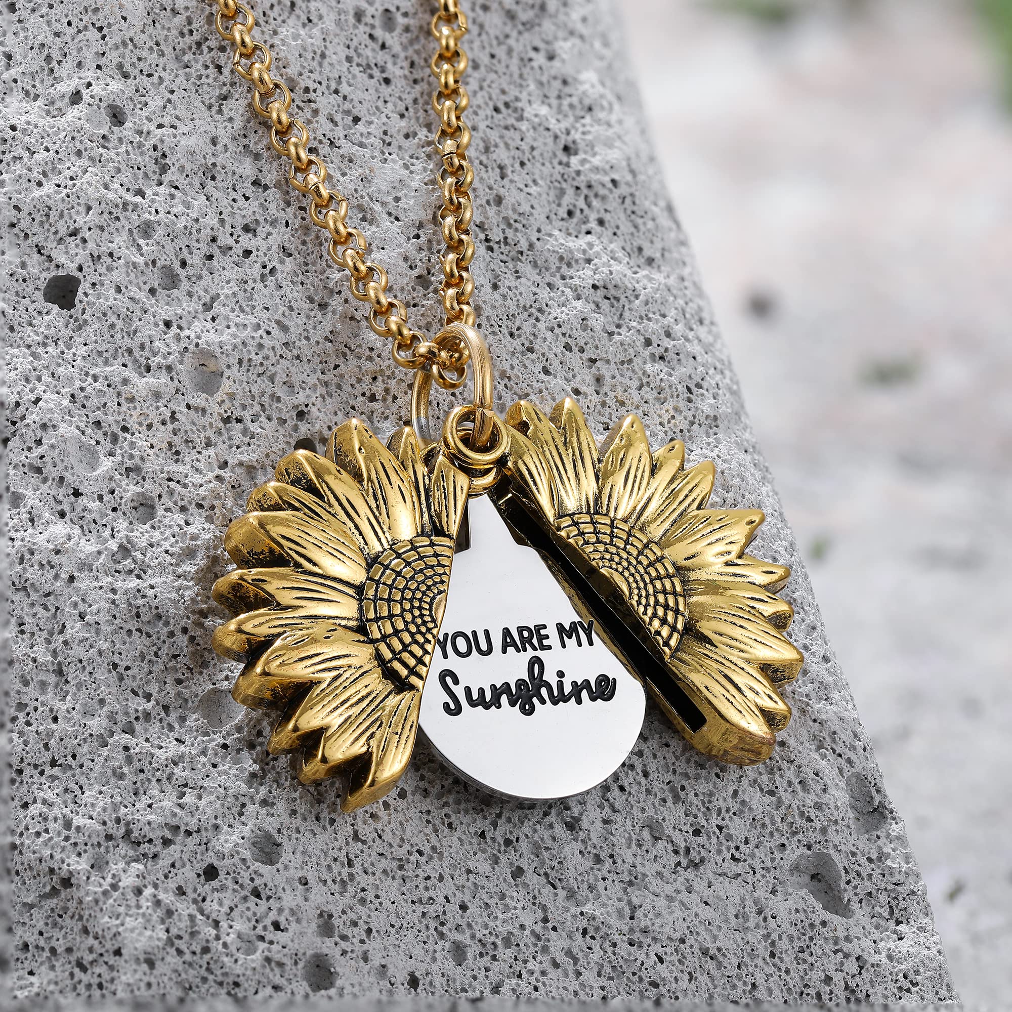 SLOONG You Are My Sunshine Engraved Necklace Inspirational Sunflower Locket Necklace Jewelry Mother's Day Gift for Women Girlfriend