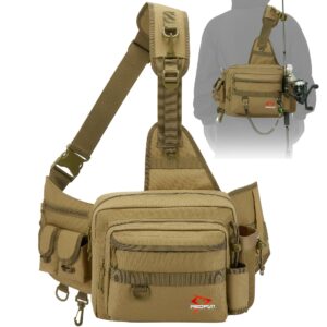 piscifun fishing tackle bag with rod & gear holder, lightweight sling tackle storage bag, water-resistant cross body sling bag with d-rings and waist strap, khaki