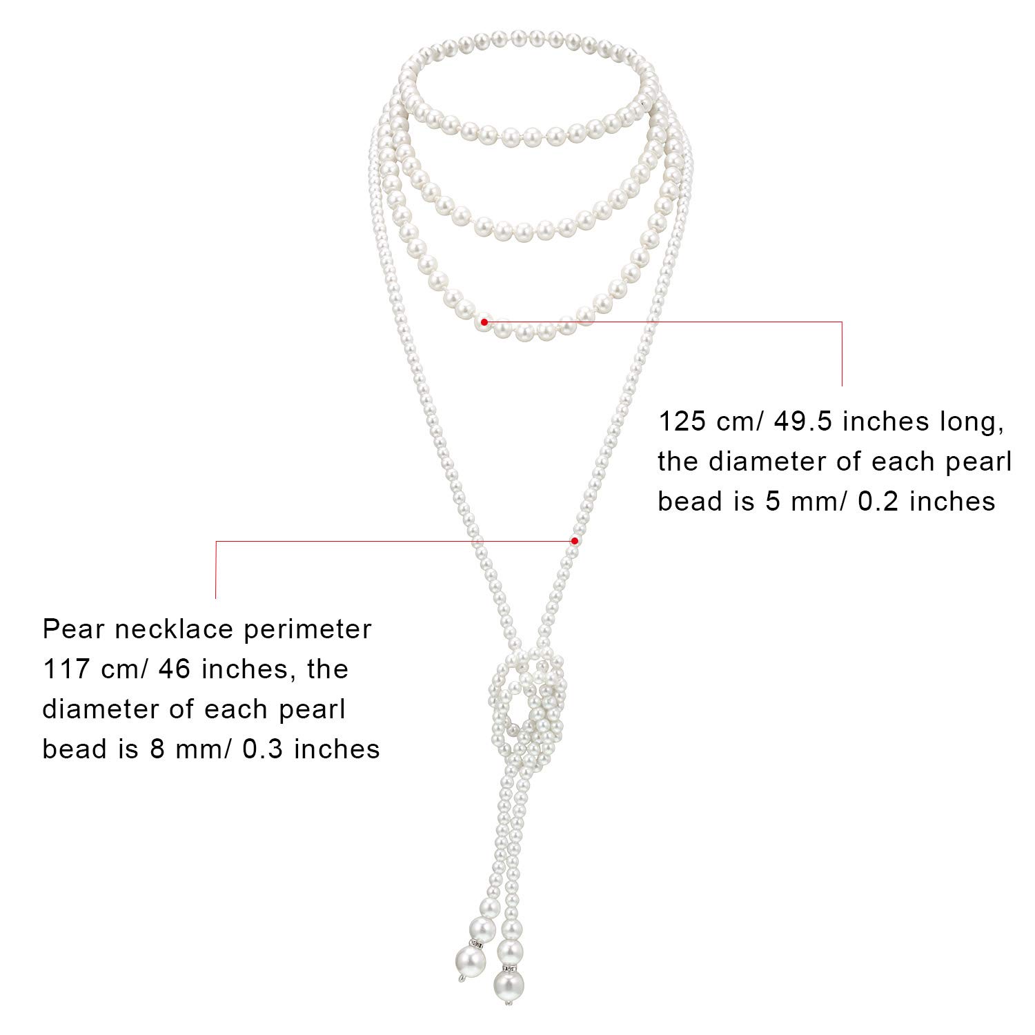 2 Set 1920s Artificial Long Pearls Necklace Flapper Beads Necklaces Faux Pearls Necklace Vintage Jewelry Costume Accessories for Women Girls