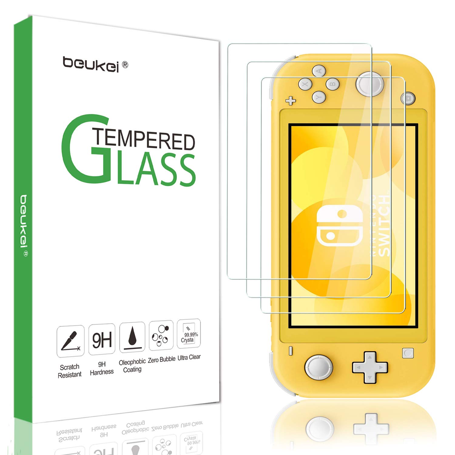 beukei (3 Pack) Screen Protector Tempered Glass Compatible for Nintendo Switch Lite 2019, 9H Hardness, Anti Scratch, Bubble Free