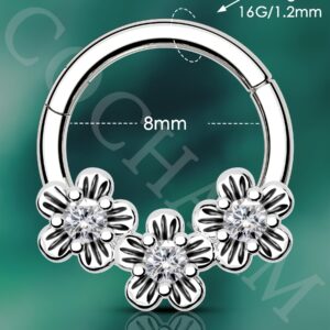 COCHARM 16g Flower Cute Daith Piercing Jewelry Surgical Steel Clear CZ Daith Earrings Hypoallergenic Septum Rings for Women