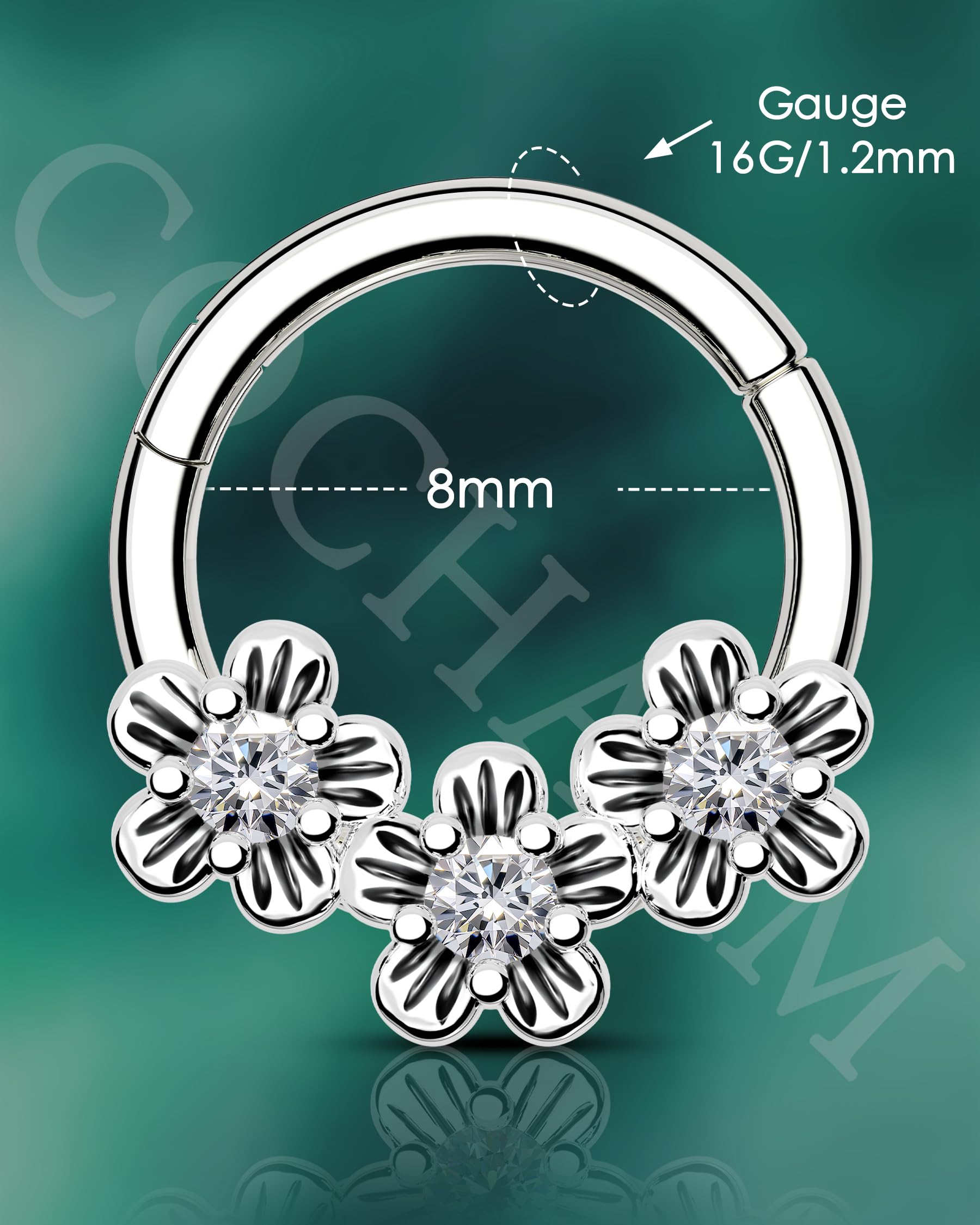 COCHARM 16g Flower Cute Daith Piercing Jewelry Surgical Steel Clear CZ Daith Earrings Hypoallergenic Septum Rings for Women