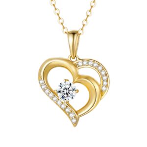 14k solid gold heart necklace jewelry for women, dainty real gold double love hearts pendant necklace delicate love jewelry gift for mom, wife 16-18 inch