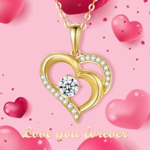 14K Solid Gold Heart Necklace Jewelry for Women, Dainty Real Gold Double Love Hearts Pendant Necklace Delicate Love Jewelry Gift for Mom, Wife 16-18 inch