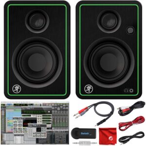 mackie cr3-x 3-inch creative reference multimedia monitors bundle with pro tools first daw music editing software, wireless bluetooth receiver and dual 1/4" stereo to 3.5mm cable