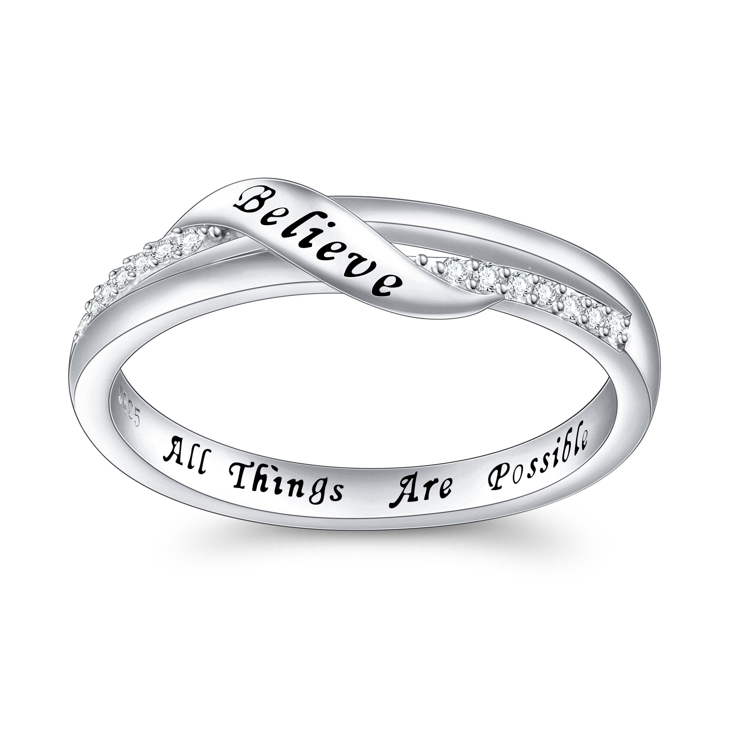 DAOCHONG Inspirational Jewelry Sterling Silver Engraved Believe All Things are Possible Band Ring for Women Girlfriend, Size 9