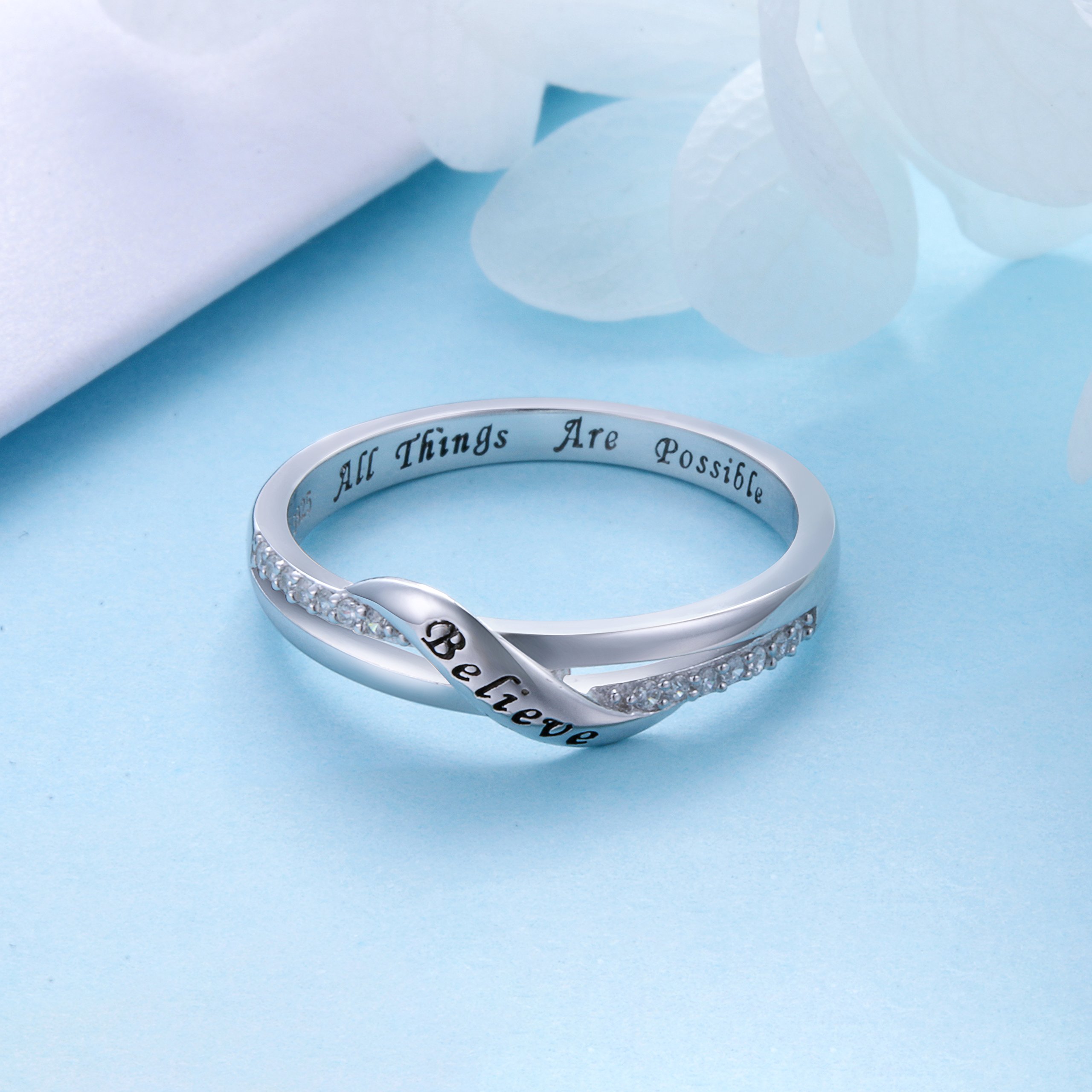 DAOCHONG Inspirational Jewelry Sterling Silver Engraved Believe All Things are Possible Band Ring for Women Girlfriend, Size 9