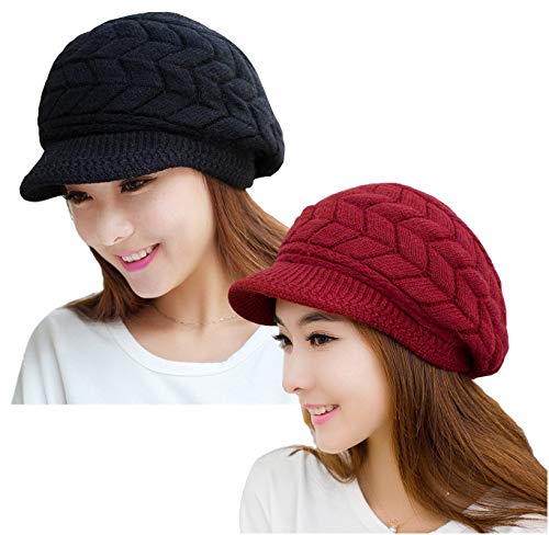 YSense 2 Pack Womens Winter Hats Warm Knit Hat Slouchy Beanie Cap with Brim Gifts