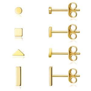 sterling silver stud earrings for women men- 4 pairs of hypoallergenic simple geometric small stud earring set tiny circle triangle square bar stud earrings mini cartilage tragus earrings(gold)