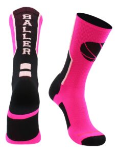 madsportsstuff baller basketball logo crew socks (neon pink/black, medium)