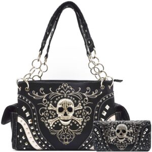 punk gothic rock metallic skull day of the dead floral sugar skull leather purse women handbag shoulder bag wallet set (#2 black set)