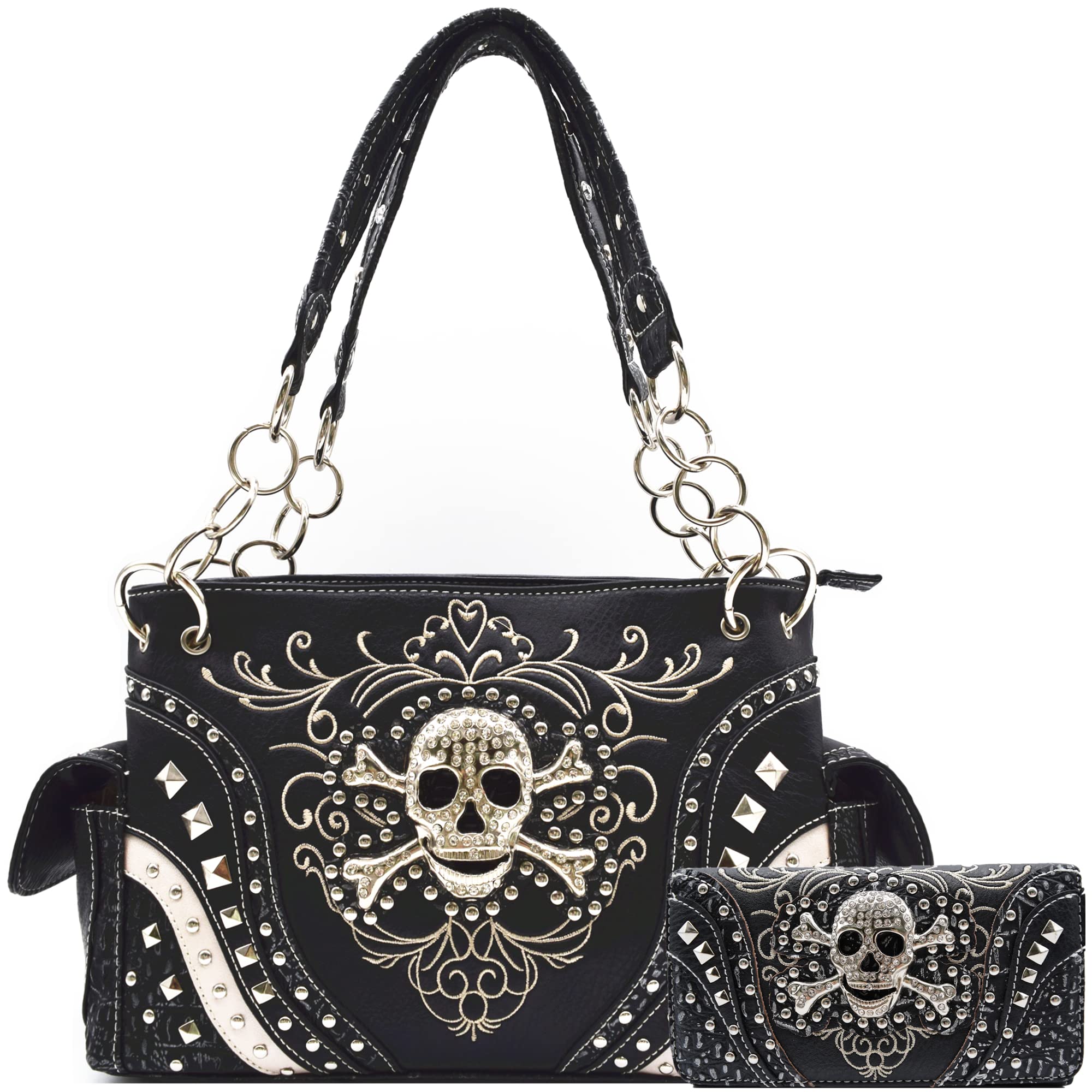 Punk Gothic Rock Metallic Skull Day of the Dead Floral Sugar Skull Leather Purse Women Handbag Shoulder Bag Wallet Set (#2 Black Set)