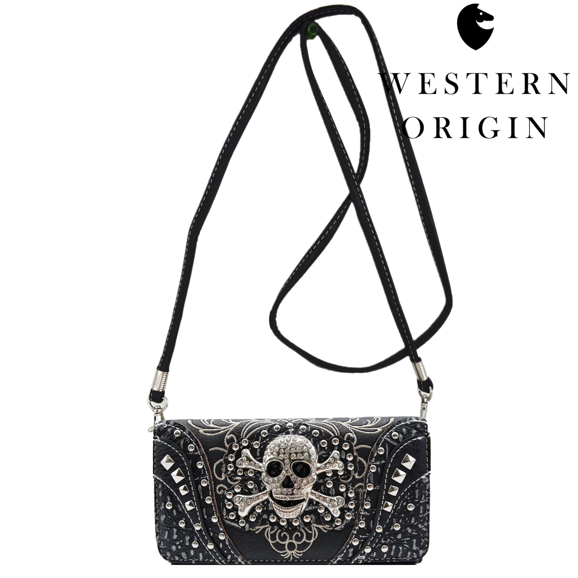 Punk Gothic Rock Metallic Skull Day of the Dead Floral Sugar Skull Leather Purse Women Handbag Shoulder Bag Wallet Set (#2 Black Set)