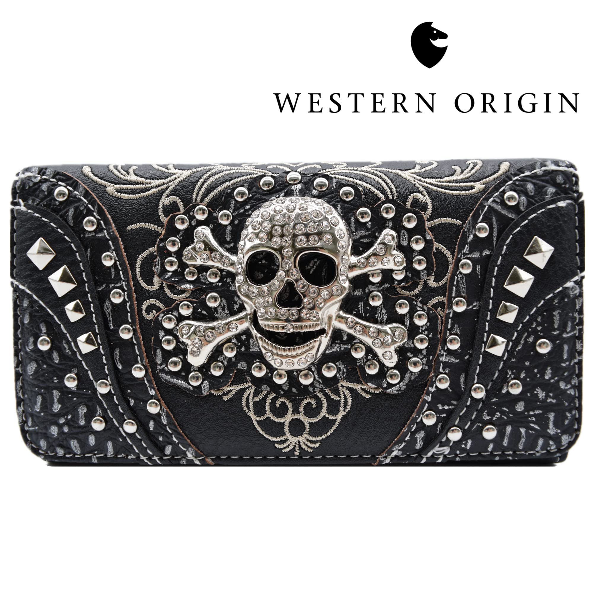 Punk Gothic Rock Metallic Skull Day of the Dead Floral Sugar Skull Leather Purse Women Handbag Shoulder Bag Wallet Set (#2 Black Set)