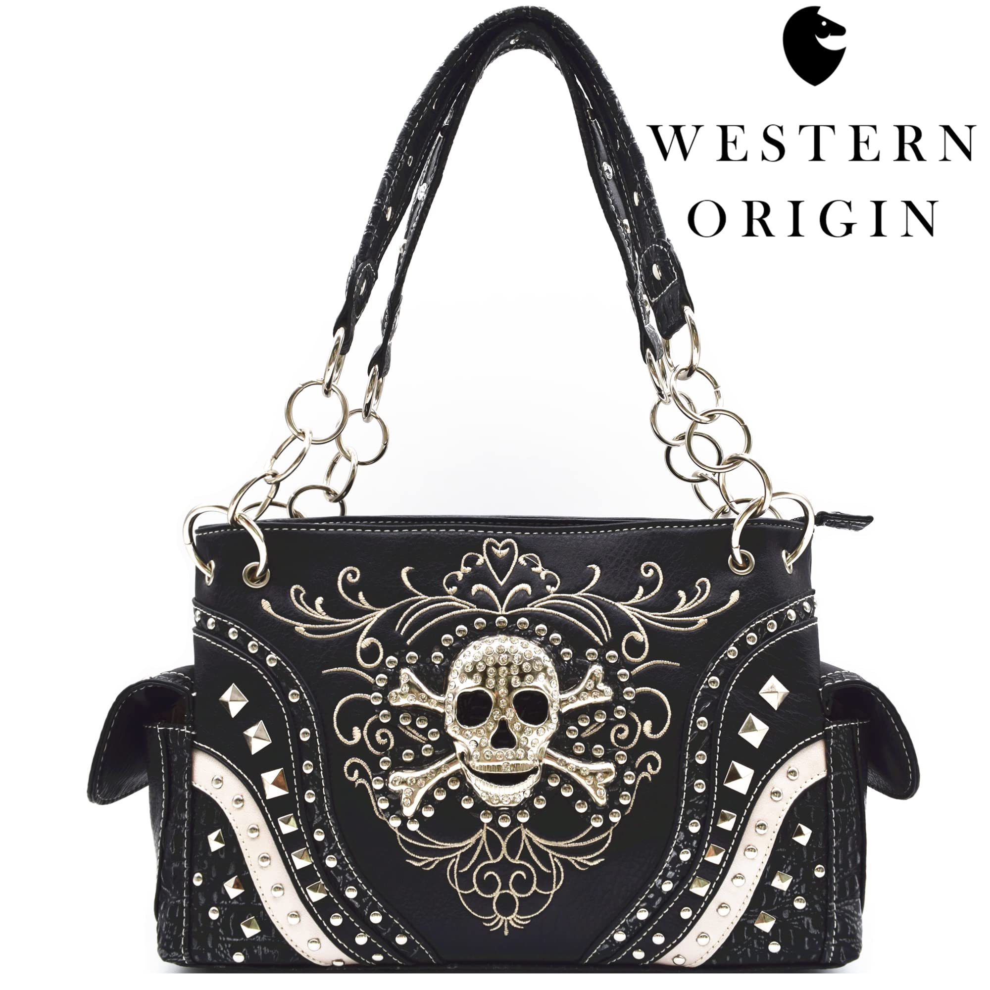 Punk Gothic Rock Metallic Skull Day of the Dead Floral Sugar Skull Leather Purse Women Handbag Shoulder Bag Wallet Set (#2 Black Set)