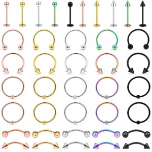 ftovosyo cartilage earrings hoop 40pcs 316l surgical steel labret stud for women men nose lip horseshoe piercing rings tragus helix ear body piercing jewelry 20g 8mm silver rose gold black