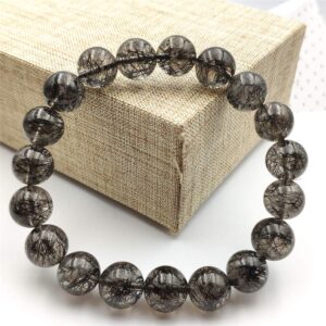 Muko Gemstone 11mm Natural Black Rutilated Quartz Crystal Clear Round Beads Women Men Bracelet AAAA