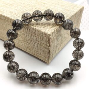 Muko Gemstone 11mm Natural Black Rutilated Quartz Crystal Clear Round Beads Women Men Bracelet AAAA