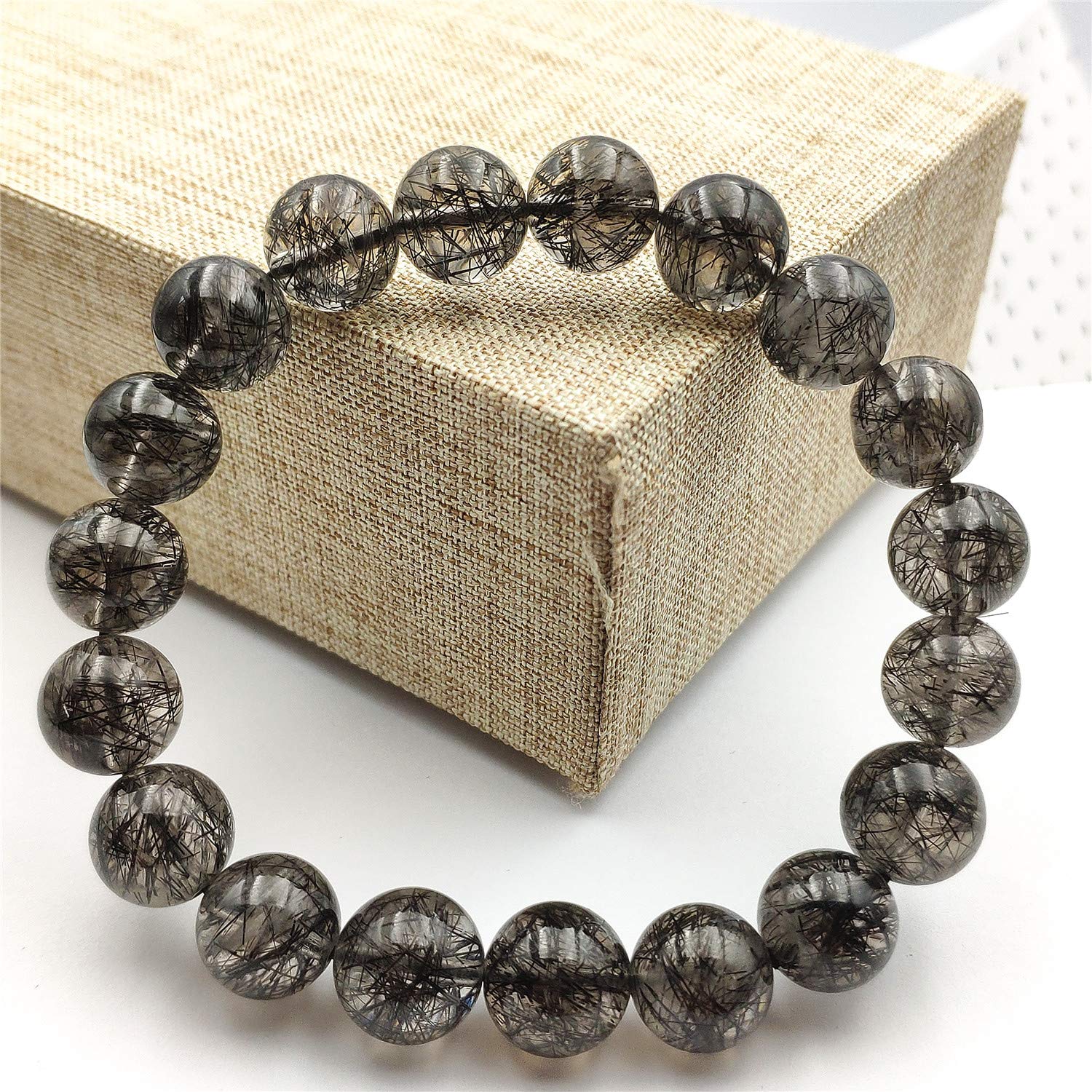 Muko Gemstone 11mm Natural Black Rutilated Quartz Crystal Clear Round Beads Women Men Bracelet AAAA