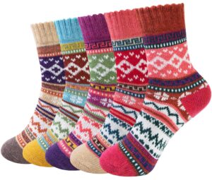 loritta pack of 5 womens winter socks warm thick knit wool soft vintage casual crew socks gifts,f-multicolor mixed pattern