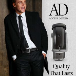 Access Denied Genuine Leather Dress Belts For Men - Mens Belt For Suits, Jeans, Uniform Black Belt - Designed in the USA