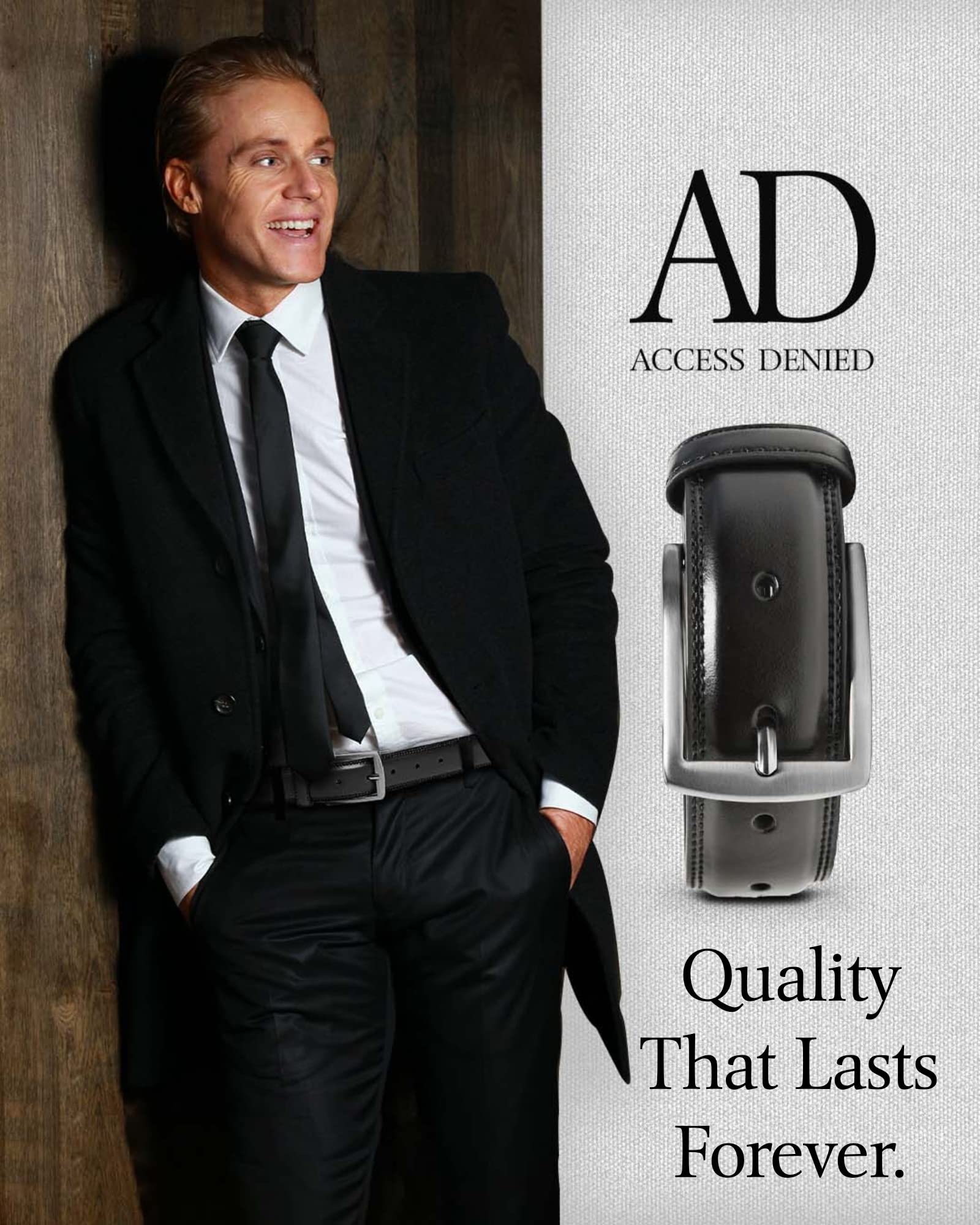 Access Denied Genuine Leather Dress Belts For Men - Mens Belt For Suits, Jeans, Uniform Black Belt - Designed in the USA