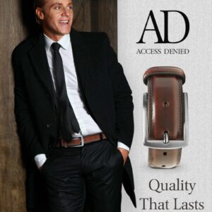 Access Denied Genuine Leather Dress Belts For Men - Mens Belt For Suits, Jeans, Uniform Brown Belt - Designed in the USA