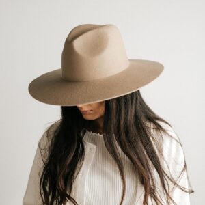 Gigi Pip Emma Wide Brim Felt Fedora Hat, 100% Australian Wool, Tan, Small/Med