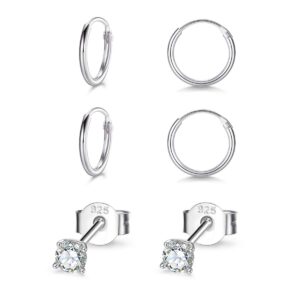 epirora sterling silver stud earrings small cartilage hoop earrings for women men- 3 pairs of hypoallergenic tiny earring set, including 1 pair of 3mm cubic zirconia earrings & 2 pairs of 10mm hoops