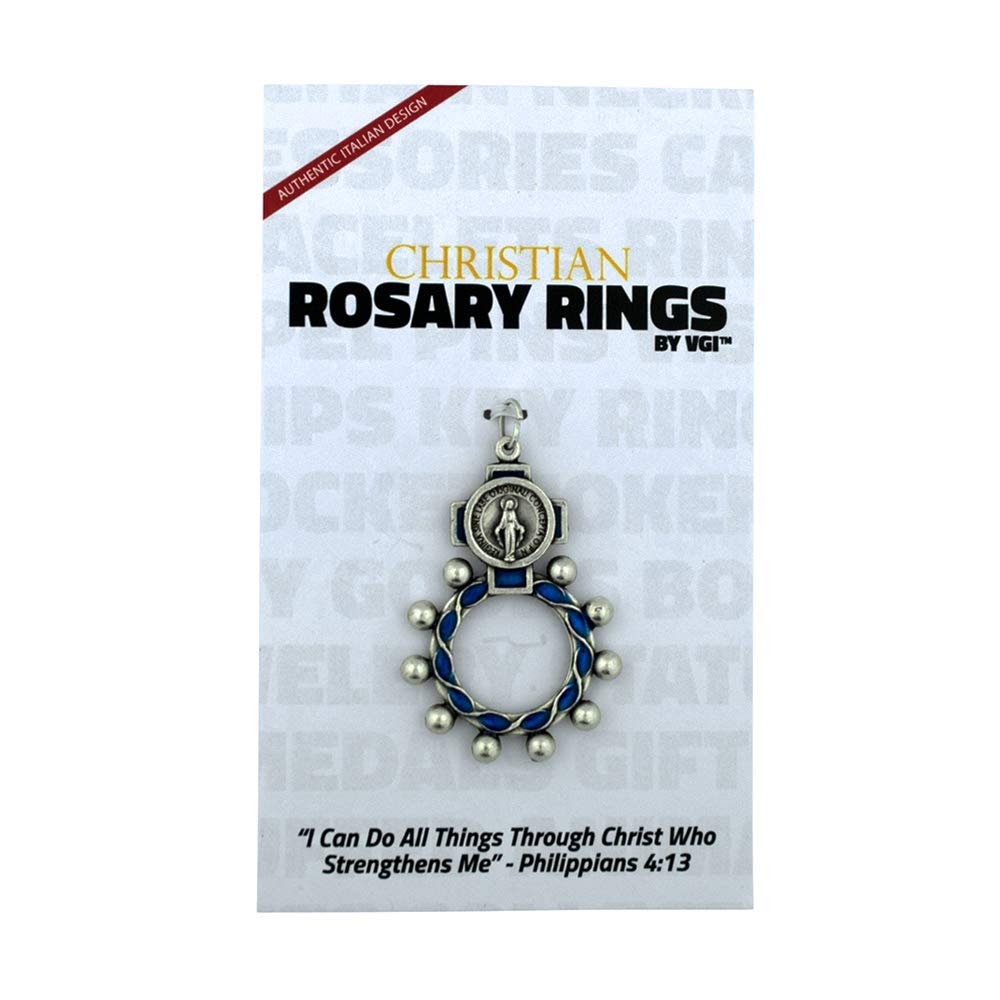 VILLAGE GIFT IMPORTERS Rosary Rings | 4 Styles with Colored Enamel | Holy Figures and Saints Finger Rosary | Carded and Modern | Christian Jewelry (Miraculous Medal - Blue Enamel)