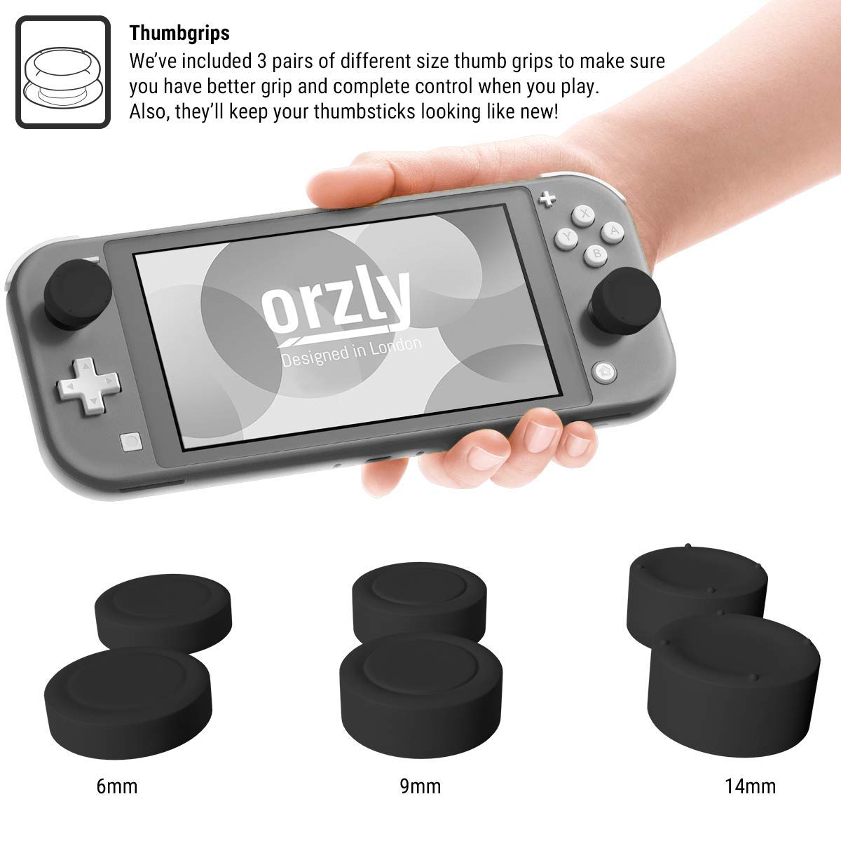 Orzly Grip Case for Nintendo Switch Lite – Case with Comfort Padded Hand Grips, Kickstand, Pack of Thumb Grips - Black