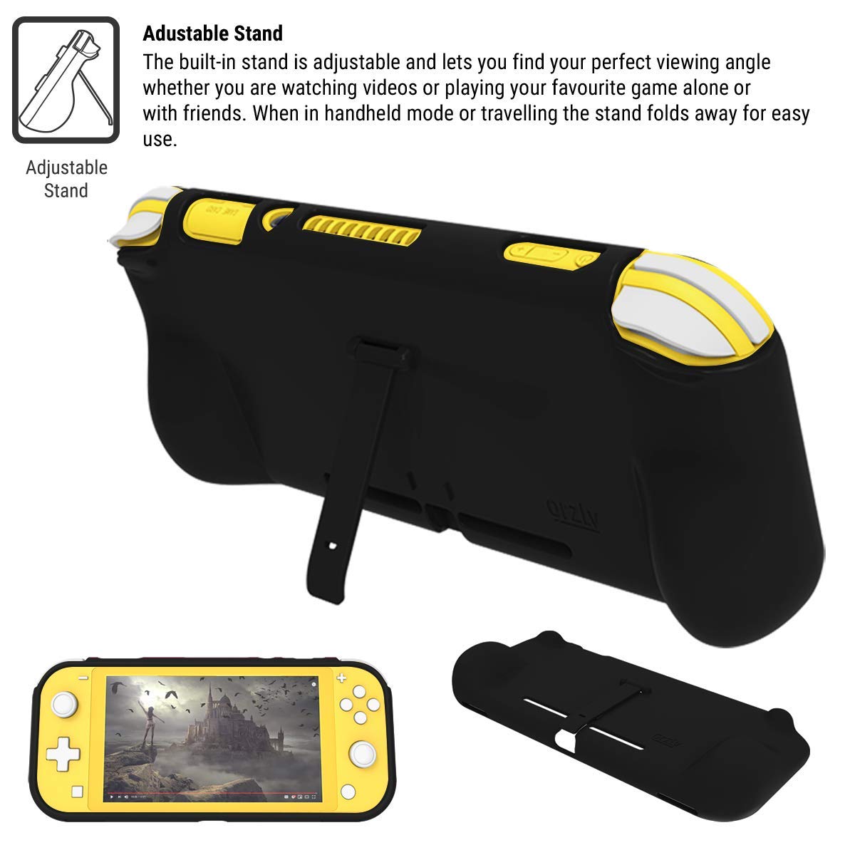 Orzly Grip Case for Nintendo Switch Lite – Case with Comfort Padded Hand Grips, Kickstand, Pack of Thumb Grips - Black